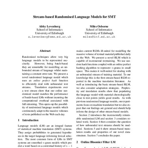 Stream Based Randomised Language Models For Smt Acl Anthology