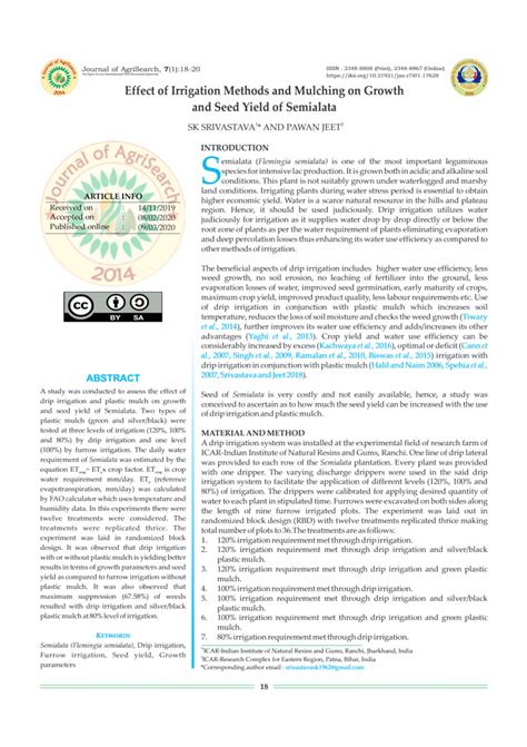 Pdf Effect Of Irrigation Methods And Mulching On Growth And Seed