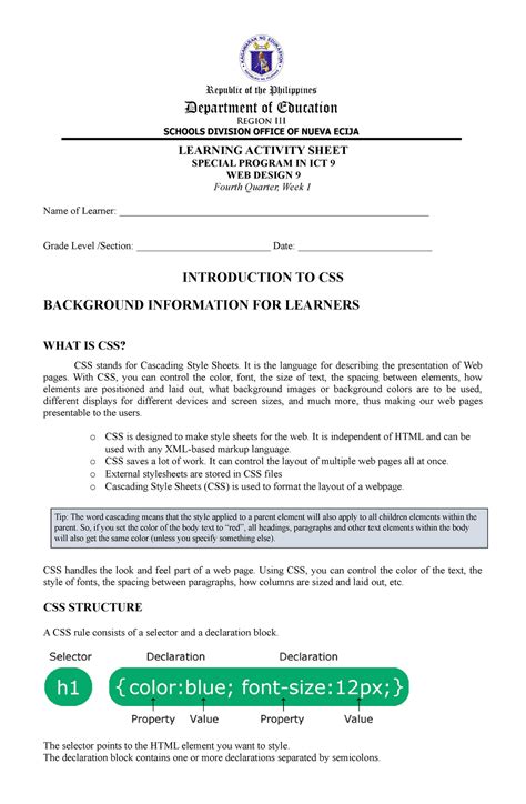 Week 1 Introduction To CSS Week 1 Introduction To CSS LEARNING ACTIVITY SHEET SPECIAL PROGRAM