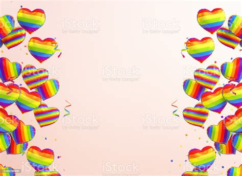 3d 일러스트레이션에서 Lgbtqia 축하를 위한 분홍색 배경에 무지개 하트 풍선과 텍스트 공간이 있는 프라이드 데이 축제 배너 템플릿 3차원 형태에 대한 스톡 사진 및