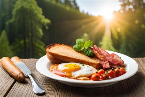 Premium Photo Breakfast On A Table With A Sun Setting Over The Trees