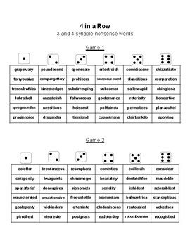 4 In A Row Game With 3 And 4 Syllable Nonsense Words By Berry Sweet Learning