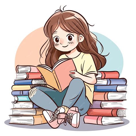 Una Chica Se Sienta En Una Pila De Libros Con Una Imagen De Dibujos
