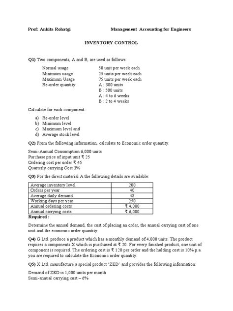 Calculating Economic Order Quantities And Inventory Levels For Materials And Components Pdf