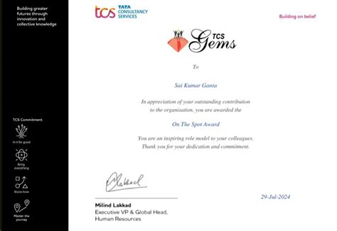 Sai Kumar Ganta On Linkedin Tcsgems Gems Grateful Recognition Tcser