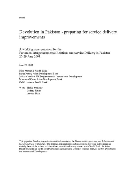 Pdf Devolution In Pakistan Preparing For Service Delivery Improvements