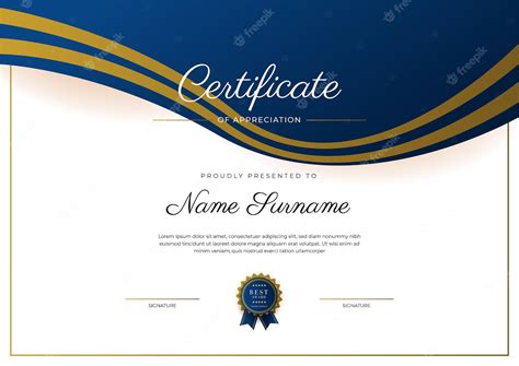 감사장 템플릿 금색과 파란색 금색 배지가 있는 깨끗한 현대 인증서 고급스럽고 현대적인 라인 패턴이 있는 인증서 테두리 템플릿 졸업장 벡터 템플릿 프리미엄 벡터