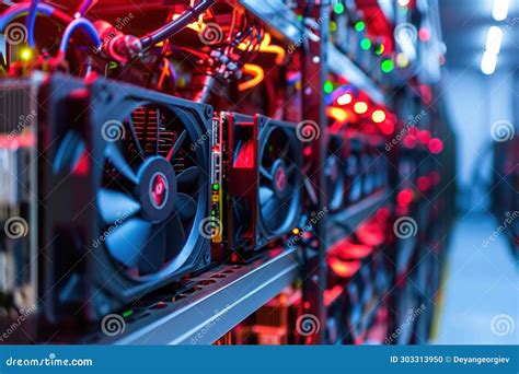 Cryptocurrency Mining Rigs With Powerful Gpus Colorful Illuminated Video Cards Stock