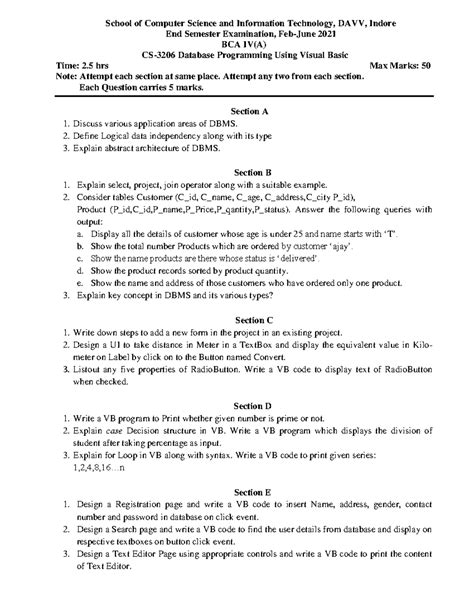 BCA IV Sec A CS 3206 Database Programming Using Visual Basic Babe Of Computer Science And
