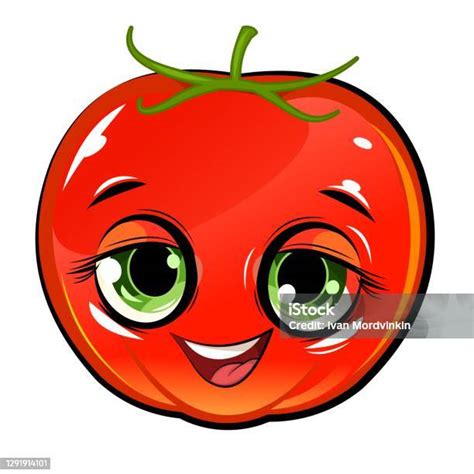 토마토 쾌활한 미소 총구와 육즙 붉은 과일 만화 스타일 흰색 배경 위에 격리 벡터 그림입니다 0명에 대한 스톡 벡터 아트 및