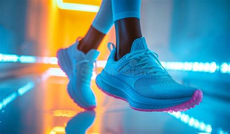 Energetic Running Pose Under Neon Lighting In Urban Setting Stock Image