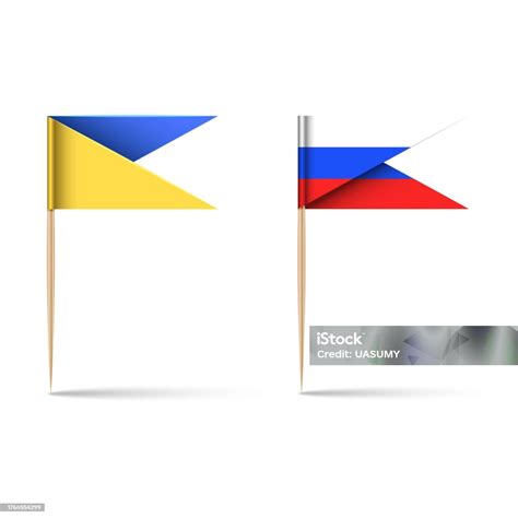 우크라이나와 러시아 종이 깃발 모형 나무 막대기 이쑤시개 그림자 격리 흰색 배경 전쟁 전략지도 핀에 대한 시각화 디자인 요소 사실적인 벡터 3d 개체 국기에 대한 스톡 벡터