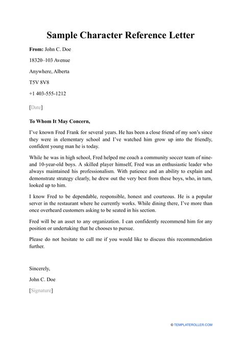 Sample Character Reference Letter