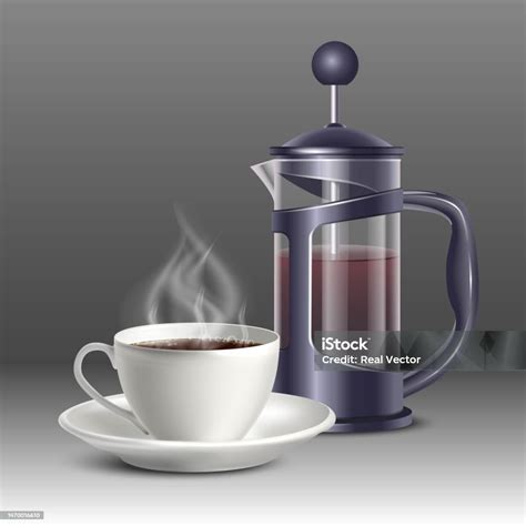 회색 배경에 흰색 커피 컵이 있는 커피 프렌치 프레스의 현실적인 벡터 그림 구이에 대한 스톡 벡터 아트 및 기타 이미지 구이 금속 뜨거운 음료 Istock