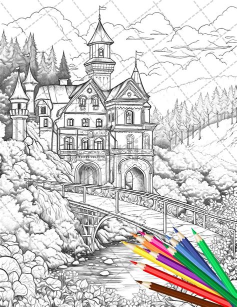 122 Fantasy Castles Coloring Book For Adults Grayscale Coloring Page