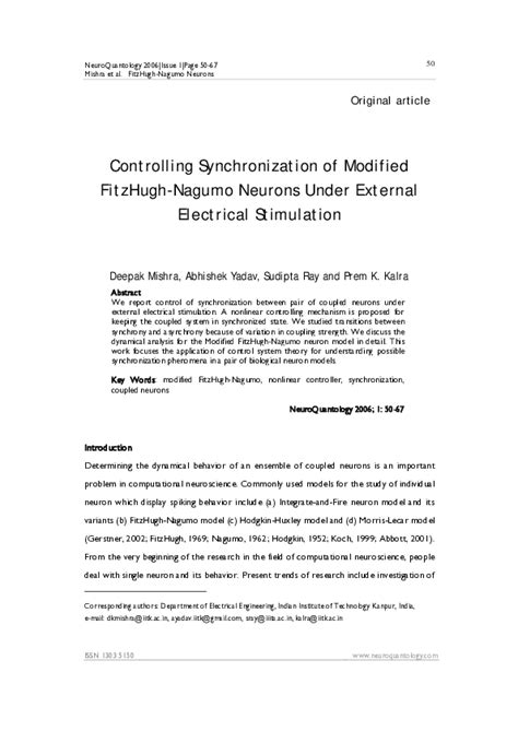 Pdf Controlling Synchronization Of Modified Fitzhugh Nagumo Neurons Under External Electrical