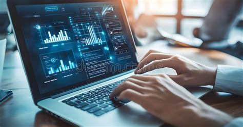Professional Hands Typing On A Laptop With Advanced Data Analytics Interface Stock Illustration