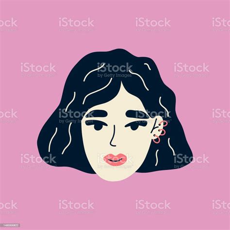 후프 귀걸이를 한 아름다운 유럽 여성의 초상화 하얀 배경에 고립된 유럽 여성 캐릭터의 아바타 엽서 포스터 소셜 네트워크를 위한 손으로 그린 벡터 삽화