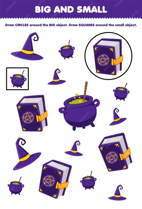 어린이를 위한 교육 게임은 귀여운 만화 마법사 모자 가마솥 마술 책 할로윈 인쇄용 워크시트의 원과 사각형을 그려 크거나 작은 크기로 배열합니다 프리미엄 벡터