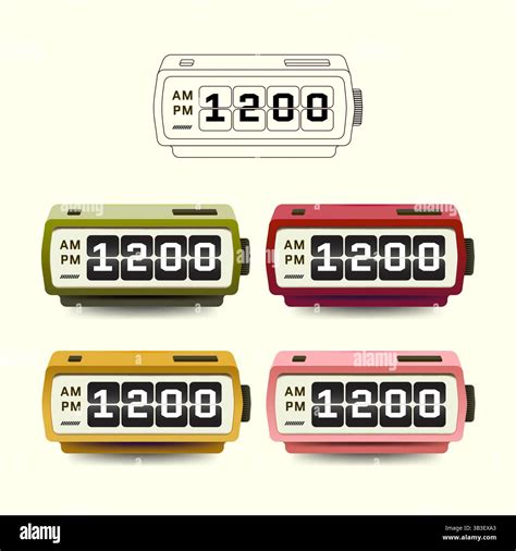 Colorful Retro Flip Digital Clock Illustrations With Am And Pm Display Includes Four Color