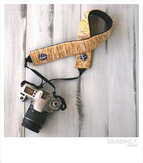Ruched Camera Strap Cover Golden Yellow Woodgrain With Navy Herringbone Buttons