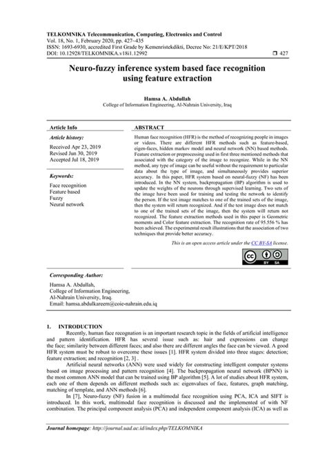 Neuro Fuzzy Inference System Based Face Recognition Using Feature Extraction Pdf