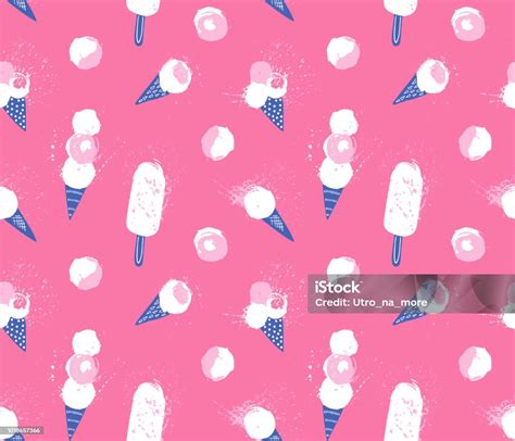 얼음크림 손 그려진된 완벽 한 패턴입니다 달콤한 여름 인쇄 직물 포장 종이 또는 벽지 아이스크림 카페 또는 레스토랑 메뉴의 종류와 밝은 배경 가지 식물 부위에 대한 스톡