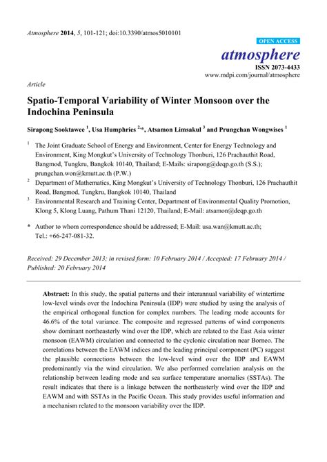 Pdf Spatio Temporal Variability Of Winter Monsoon Over The Indochina Peninsula