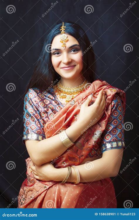 Beauty Sweet Real Indian Girl In Sari Smiling Cheerful Jewelry Shining