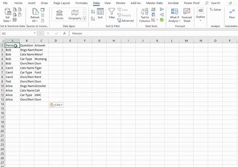 Microsoft Excel How To Convert Rows Of Questions And Answers To Single Row With Columns