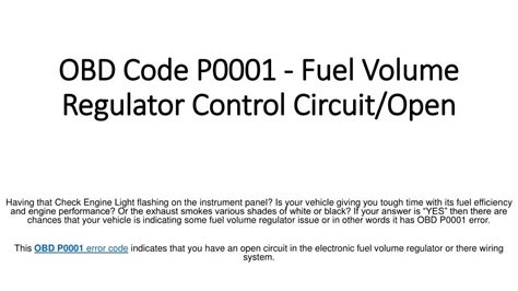 PPT Partsavatar Gives You The Solution Of OBD Code P0001 Fuel Volume Regulator Control