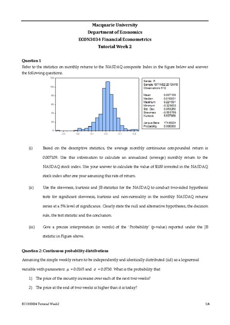 Econ3034 Financial Econometrics Tutorial Week 2 Analysis And Eviews