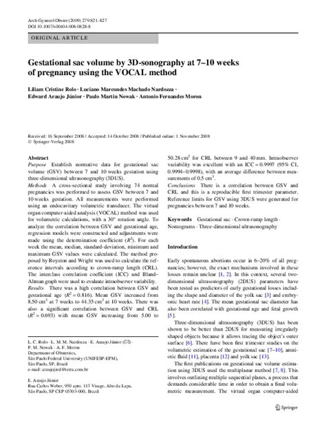 Pdf Gestational Sac Volume By 3d Sonography At 710 Weeks Of Pregnancy Using The Vocal Method