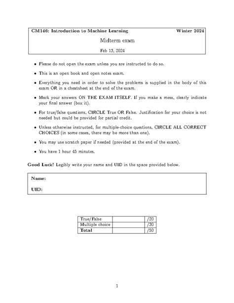 Cm146 Midterm Solution Cm146 Introduction To Machine Learning Winter 2024 Midterm Exam Feb 13