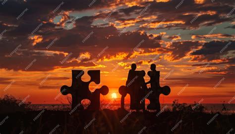 Business Solution Men Connecting Puzzle Pieces At Sunset Sky Teamwork And Problem Solving