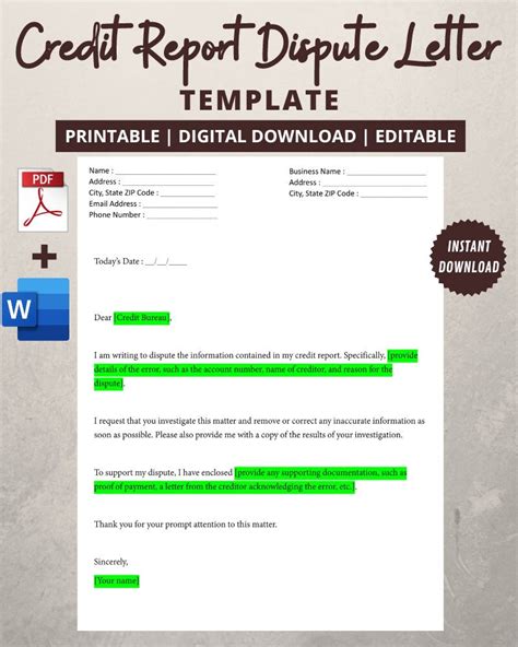 Professional Credit Report Dispute Letter Template Editable Ms