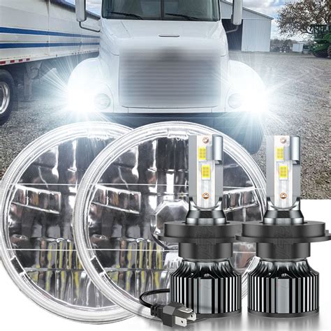 Pair 7 Round Led Headlights Hilo Drl For Freightliner Century Class