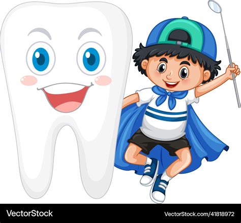 A Little Boy Holding Dental Mirror With Big Tooth Vector Image
