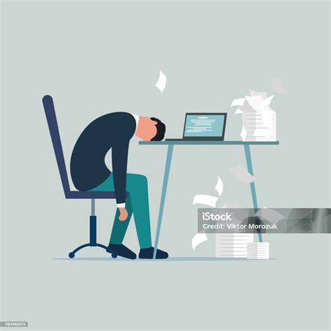 전문 소진 증후군 지친 아픈 피곤 한 남성 관리자 사무실에서 슬픈 지루한 노트북에 머리를 앉아 좌절 노동자 정신 건강 문제 벡터 긴 작업 일 그림 걱정하는에 대한 스톡 벡터