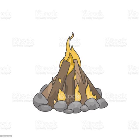 오두막 의 형태로 불타는 캠프 파이어가있다 캠핑 과 여름 관광캠프파이어 디자인 요소 레이아웃 인쇄 격리된 벡터 오브젝트입니다 가연성에 대한 스톡 벡터 아트 및 기타 이미지