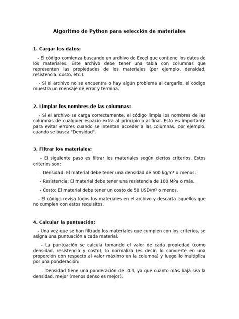 Algoritmo De Python Para Selección De Materiales Pdf Microsoft Excel Algoritmos