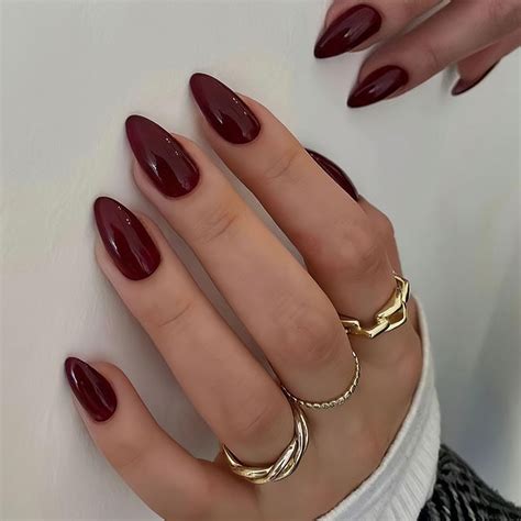 Medium Press On Nails Wine Red Almond Fake Nails Burgundy Red Gel