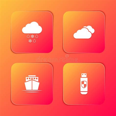 Set Cloud With Snow And Rain Ship And Usb Flash Drive Shield Icon Vector Stock Vector