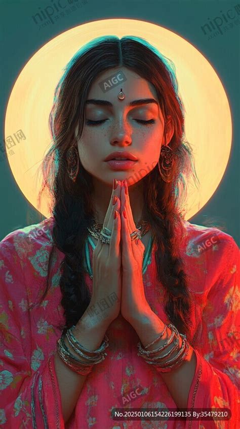 Ai创作图神灵之美 女印度文化 双手合十虔诚 印度教女神 印度宗教信仰 灵性东方 正面印度文化 美女祈祷头像 灵性 古印度女神 女神祈祷 婆罗门女性形象 祈求上天 灵性的 印度女神nipic