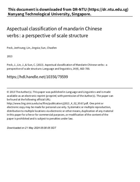 Pdf Aspectual Classification Of Mandarin Chinese Verbs A Perspective Of Scale Structure
