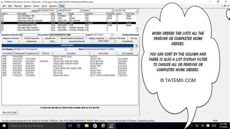 Work Orders Selection List For Selected Equipment TATEMS Fleet Maintenance Software