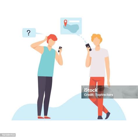 두 젊은 남자 스마트폰을 사용 하 여 통신 모바일 장치와 인터넷을 통해 채팅 하는 사람 소셜 네트워킹 벡터 일러스트 남자에 대한 스톡 벡터 아트 및 기타 이미지 Istock