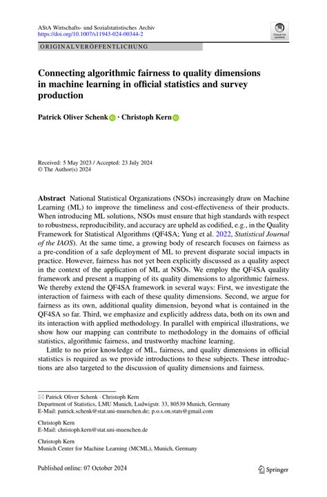 Pdf Connecting Algorithmic Fairness To Quality Dimensions In Machine