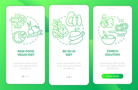 Varieties Of Vegan Diet Green Gradient Onboarding Mobile App Screen Walkthrough 3 Steps Graphic