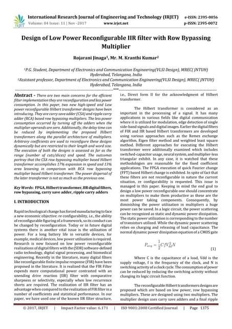 Design Of Low Power Reconfigurable Iir Filter With Row Bypassing Multiplier Pdf Programming